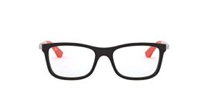 ray-ban junior kids' ry1549 square prescription eyeglass frames, matte black on red/demo lens, 48 mm