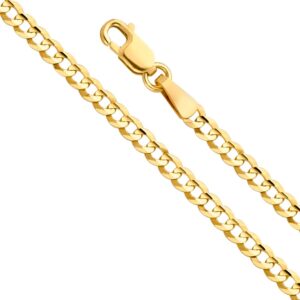 14k real yellow gold solid 3mm cuban concave curb chain bracelet with lobster claw clasp - 7"