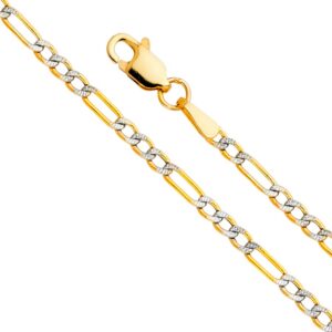 the world jewelry center 14k real two tone gold hollow 2.5mm figaro 3+1 white pave chain necklace with lobster claw clasp - 16"