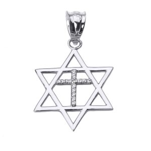 high polish 10k white gold jewish charm star diamond cross of david pendant