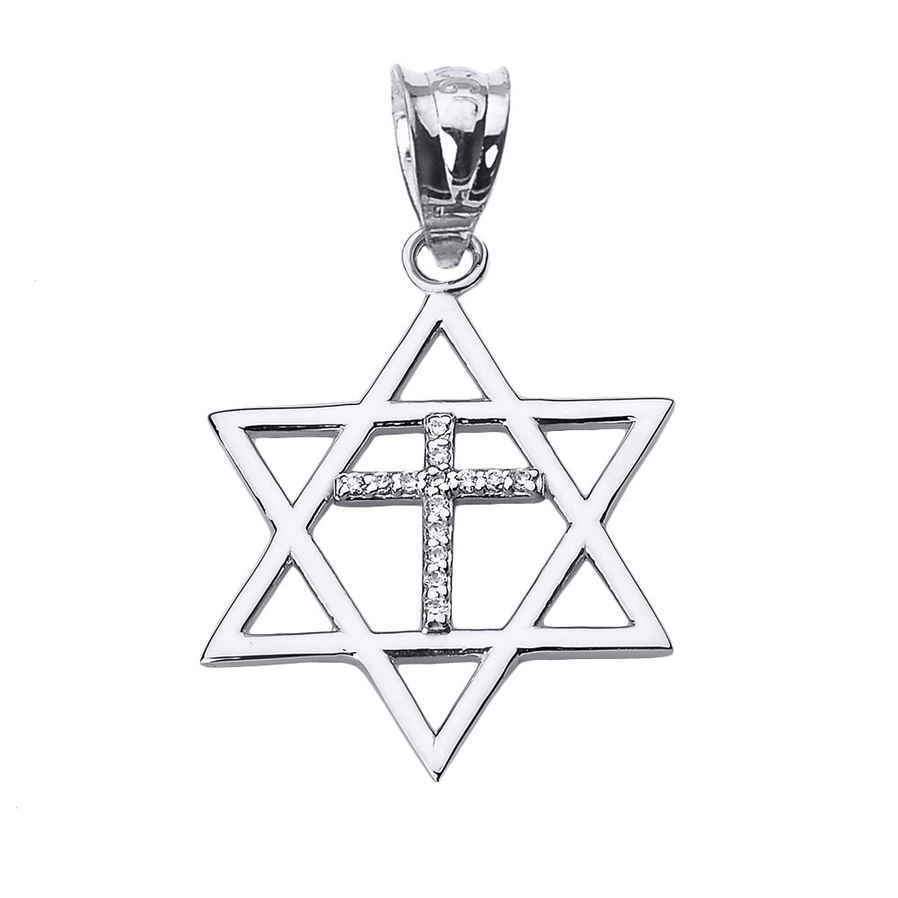 High Polish 10k White Gold Jewish Charm Star Diamond Cross of David Pendant