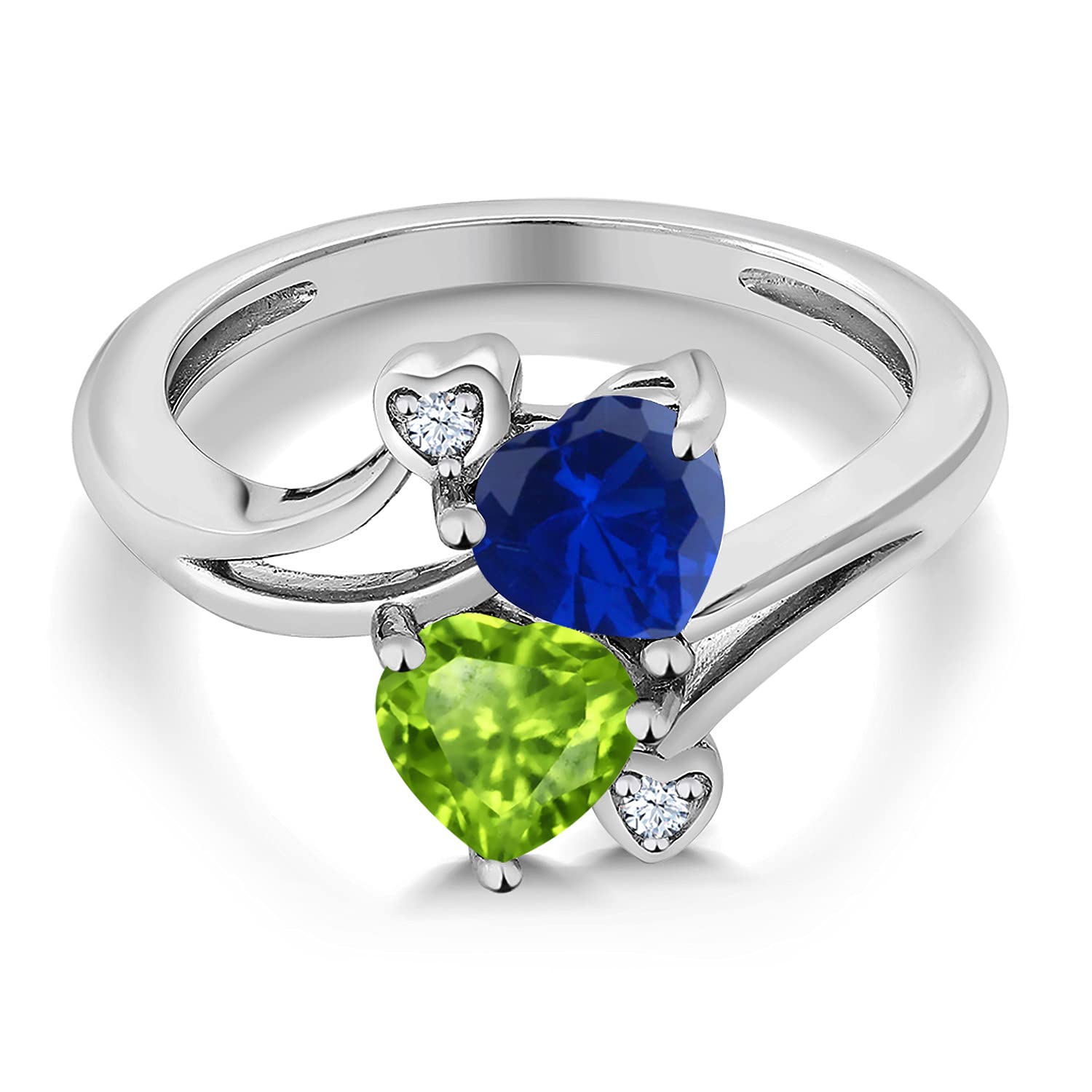 Gem Stone King 925 Sterling Silver Blue Created Sapphire Green Peridot Ring For Women (1.66 Cttw, Heart Shape 6MM, Gemstone September Birthstone, Available In Size 5, 6, 7, 8, 9)