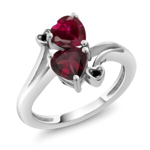 gem stone king 925 sterling silver red created ruby red rhodolite garnet and black diamond ring for women (1.72 cttw, heart shape 6mm, gemstone july birthstone, available in size 5, 6, 7, 8, 9)