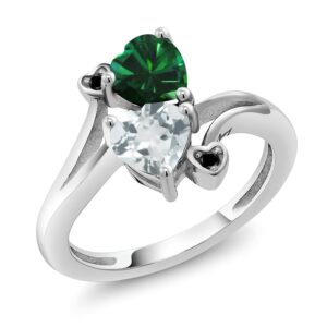 gem stone king 925 sterling silver green nano emerald sky blue aquamarine and black diamond ring for women (1.38 cttw, heart shape 6mm, gemstone may birthstone, available in size 5, 6, 7, 8, 9)