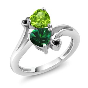 gem stone king 925 sterling silver green peridot green nano emerald and black diamond ring for women (1.54 cttw, heart shape 6mm, gemstone august birthstone, available in size 5, 6, 7, 8, 9)