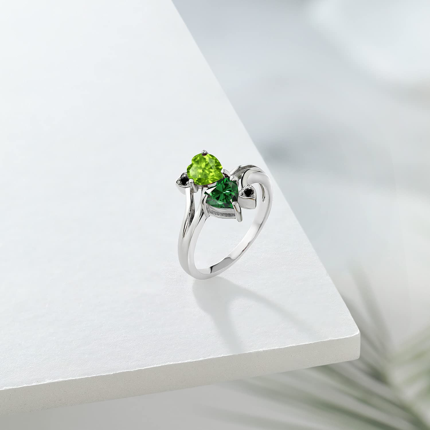 Gem Stone King 925 Sterling Silver Green Peridot Green Nano Emerald and Black Diamond Ring For Women (1.54 Cttw, Heart Shape 6MM, Gemstone August Birthstone, Available In Size 5, 6, 7, 8, 9)