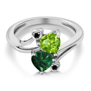 Gem Stone King 925 Sterling Silver Green Peridot Green Nano Emerald and Black Diamond Ring For Women (1.54 Cttw, Heart Shape 6MM, Gemstone August Birthstone, Available In Size 5, 6, 7, 8, 9)