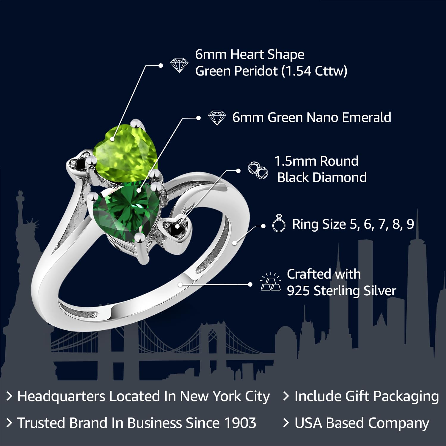 Gem Stone King 925 Sterling Silver Green Peridot Green Nano Emerald and Black Diamond Ring For Women (1.54 Cttw, Heart Shape 6MM, Gemstone August Birthstone, Available In Size 5, 6, 7, 8, 9)