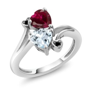 gem stone king 925 sterling silver red created ruby sky blue aquamarine and black diamond ring for women (1.73 cttw, heart shape 6mm, gemstone july birthstone, available in size 5, 6, 7, 8, 9)