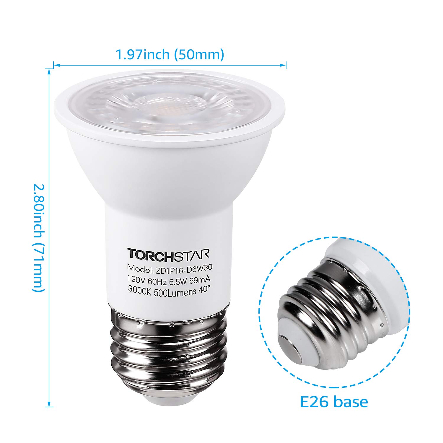 TORCHSTAR PAR16 LED Bulb, 500LM 6.5W 50W Equivalent, Dimmable Spot Light, 40° Beam Angle, UL & Energy Star Listed Track Spotlight, 3000K Warm White, E26 Medium Base, Damp Rated, Pack of 6