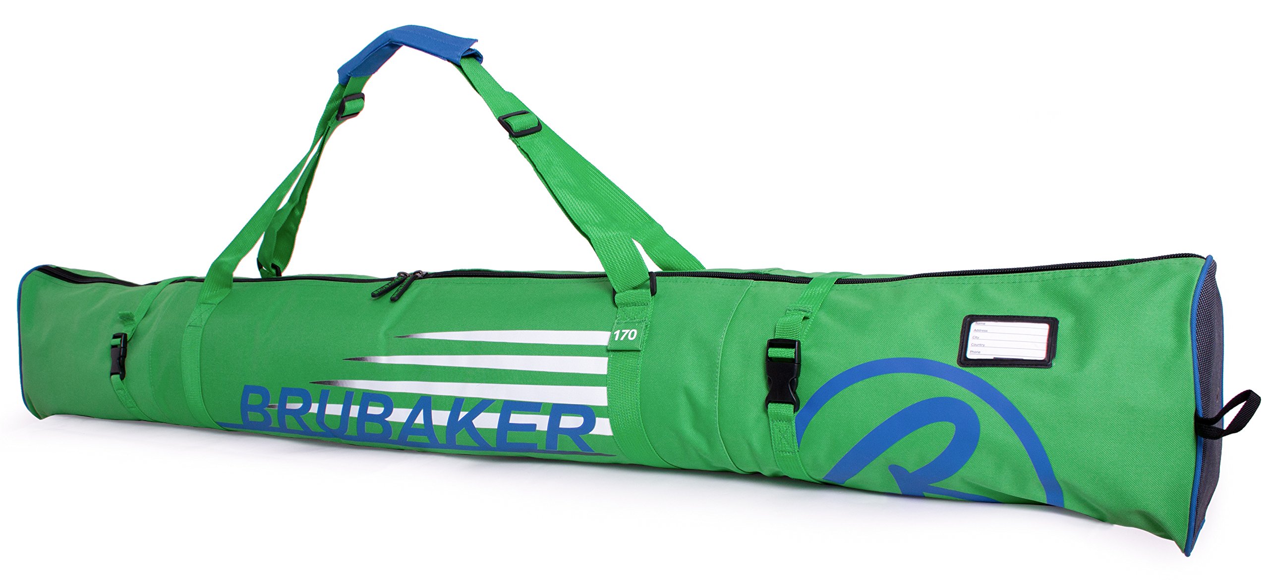 BRUBAKER Champion Combo - Limited Edition - Ski Boot Bag and Ski Bag for 1 Pair of Ski up to 190 cm, Poles, Boots and Helmet - Green Blue