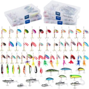 dr.fish 60 pieces fishing lures kit, 5 tackle box with tackle included, fishing spinner lure set rooster tail lures kits trout lures freshwater crappie bass walleye bait assorted