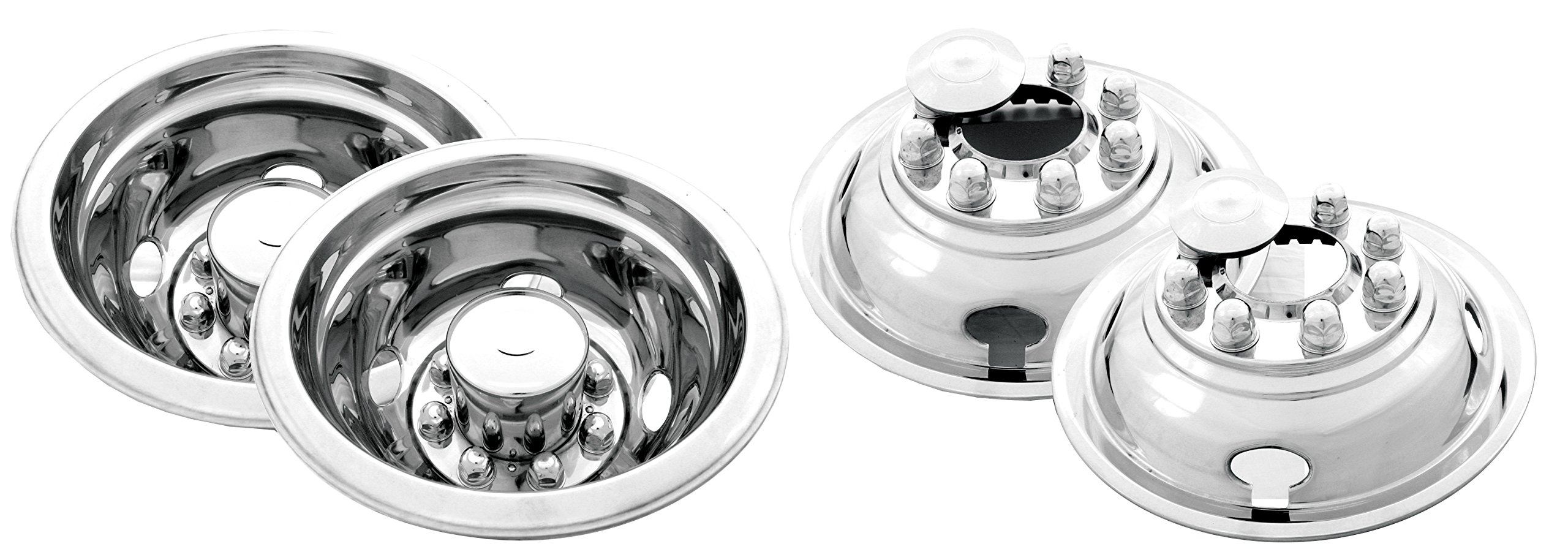 Kaper II SS-1604-EZNU Polished Stainless Steel Universal Truck Wheel Simulator Set for Chevrolet/Ford/Dodge (16" x 6" 6.5" Bolt Circle 8 Lug 4 Hand Hole, Pop Off for 4 Wheels Drive Hubs)