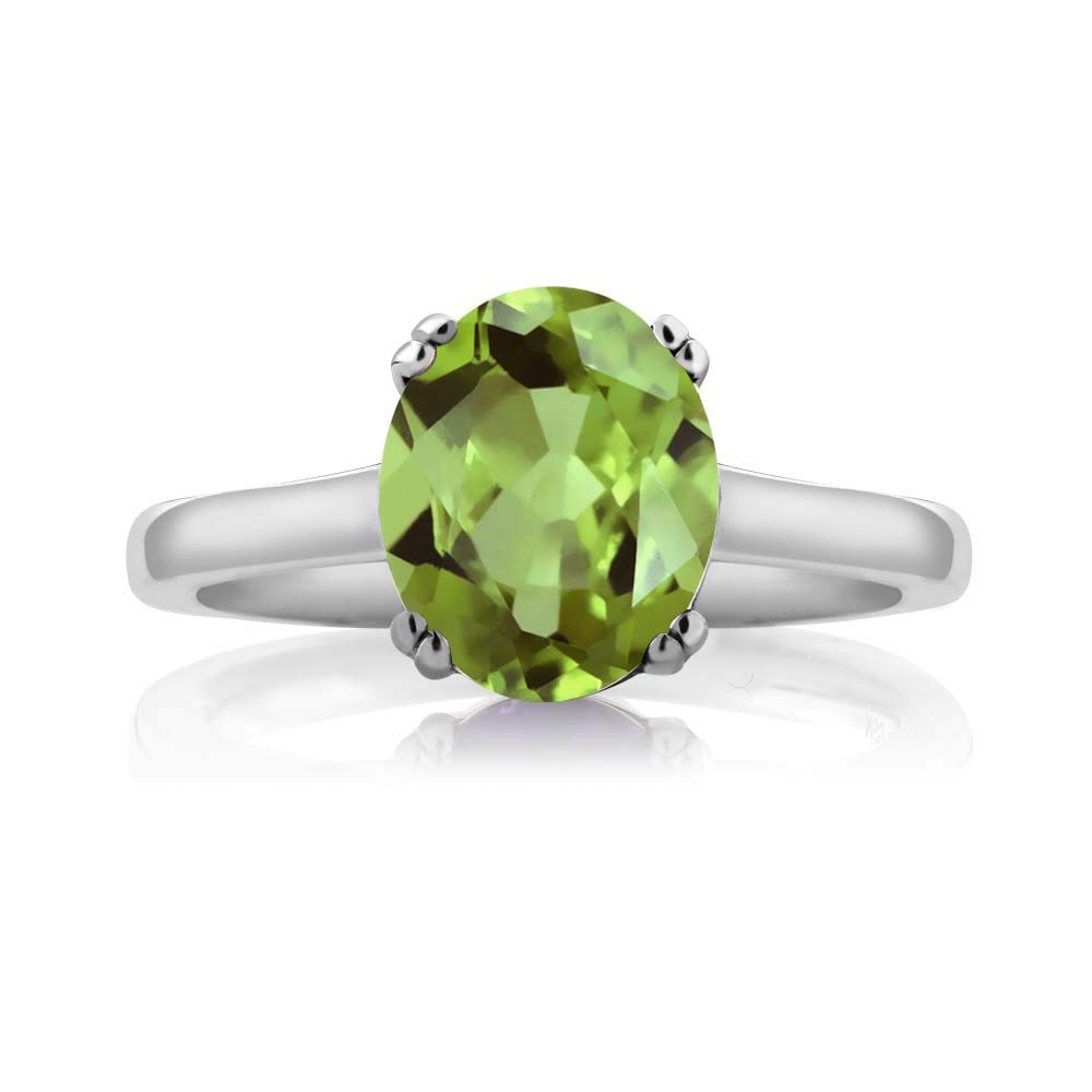 Gem Stone King 925 Sterling Silver Green Peridot and White Diamond Solitaire Ring For Women (3.03 Cttw, Oval 11X9MM, Gemstone Birthstone, Available In Size 5, 6, 7, 8, 9)