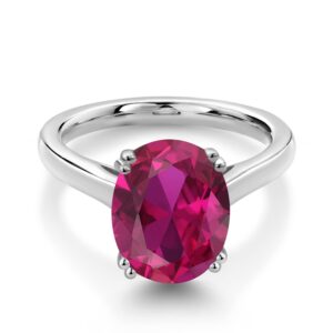 gem stone king 925 sterling silver red created ruby and white diamond solitaire engagement ring for women (4.03 cttw, oval 11x9mm, available in size 5, 6, 7, 8, 9)