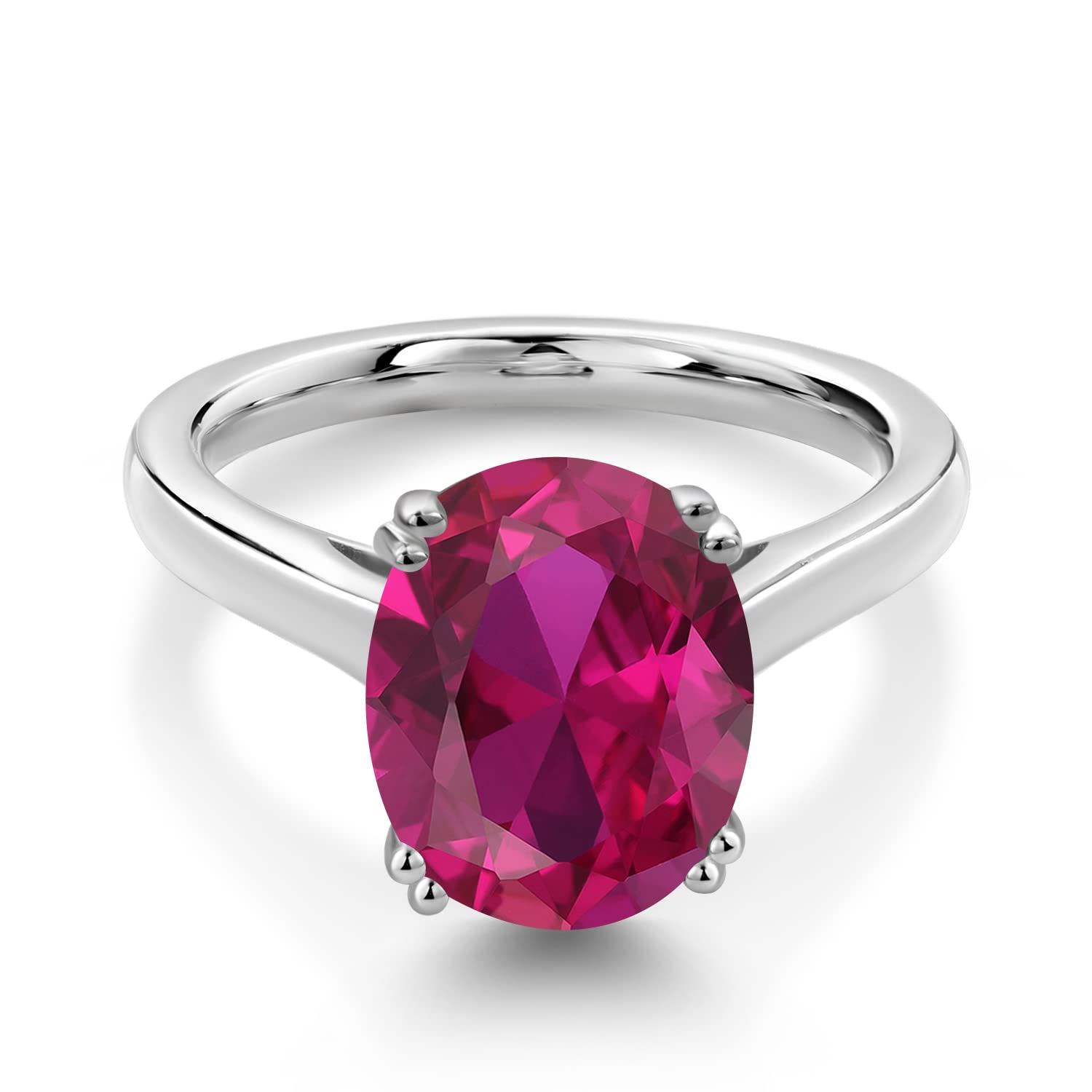 Gem Stone King 925 Sterling Silver Red Created Ruby and White Diamond Solitaire Engagement Ring For Women (4.03 Cttw, Oval 11X9MM, Available in size 5, 6, 7, 8, 9)