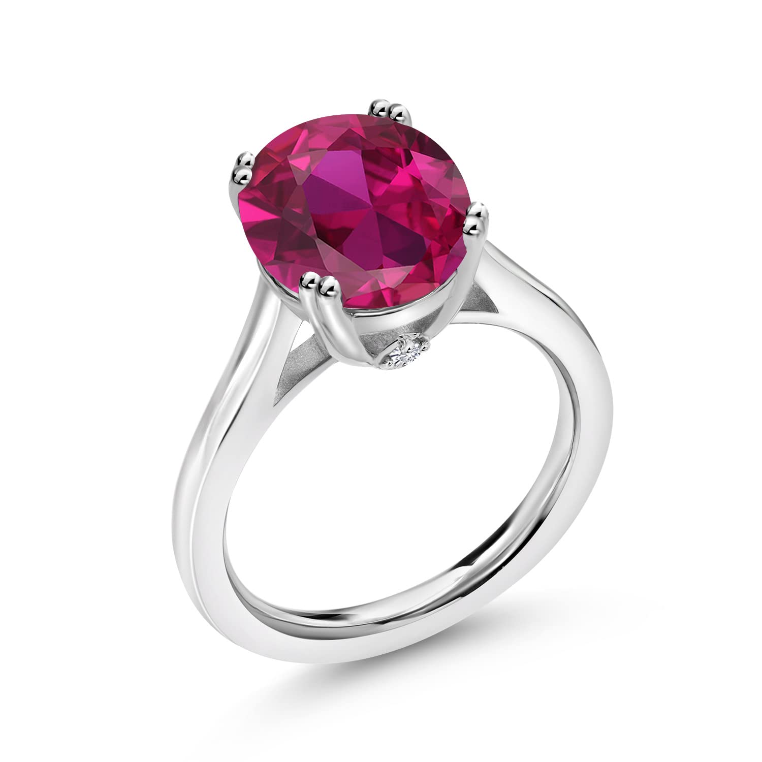 Gem Stone King 925 Sterling Silver Red Created Ruby and White Diamond Solitaire Engagement Ring For Women (4.03 Cttw, Oval 11X9MM, Available in size 5, 6, 7, 8, 9)