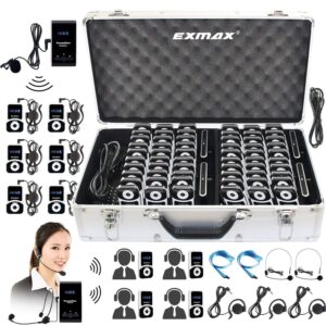 exmax® ex-100 wireless tour guide monitoring voice audio transmission system+aluminium alloy charge case for teaching tour guides silent conference church museum tour (1 transmitters and 60 receivers)