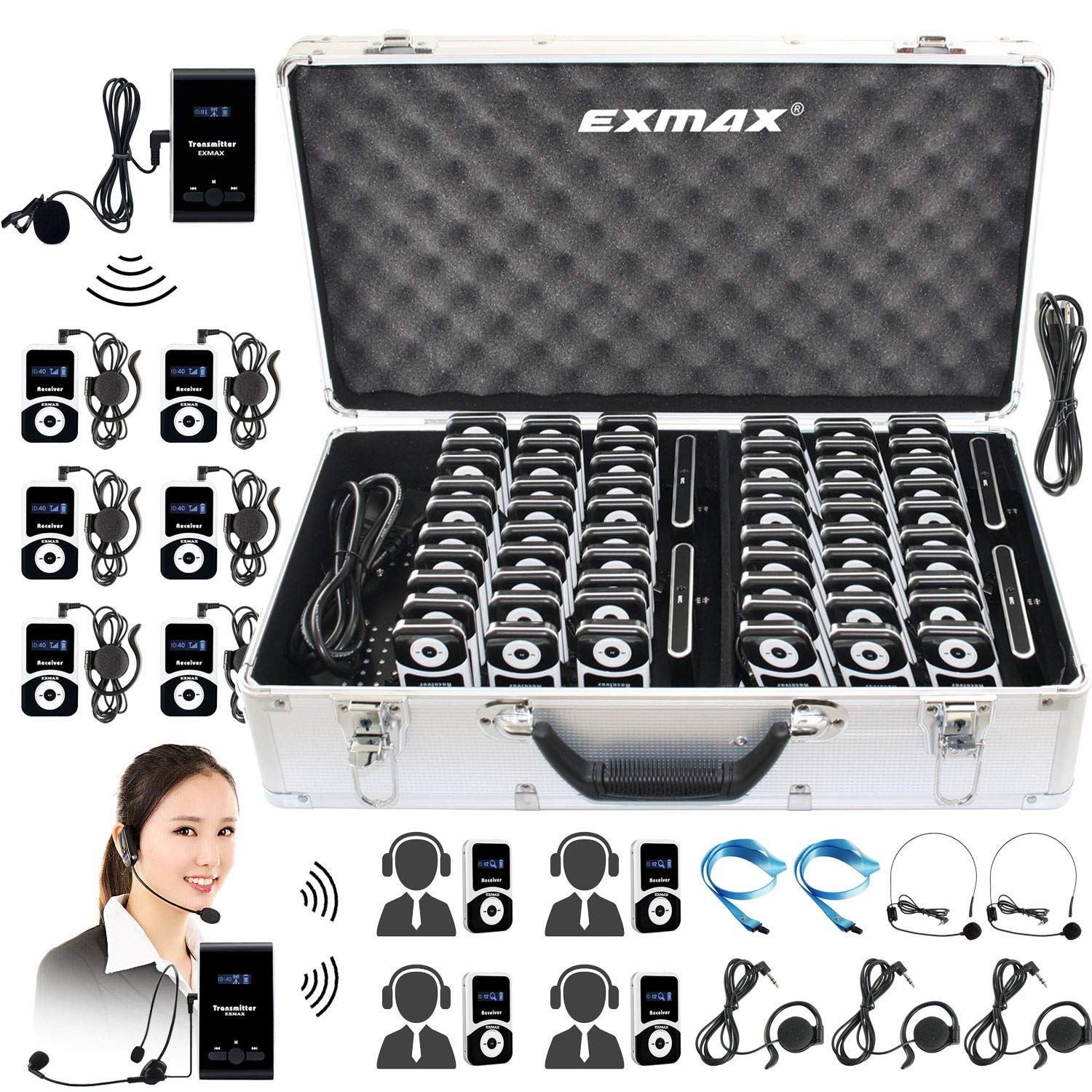 EXMAX® EX-100 Wireless Tour Guide Monitoring Voice Audio Transmission System+Aluminium Alloy Charge Case for Teaching Tour guides Silent Conference Church Museum Tour (1 Transmitters and 60 Receivers)