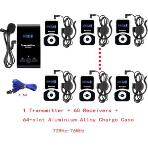 EXMAX® EX-100 Wireless Tour Guide Monitoring Voice Audio Transmission System+Aluminium Alloy Charge Case for Teaching Tour guides Silent Conference Church Museum Tour (1 Transmitters and 60 Receivers)