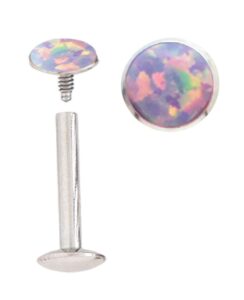 sparkling synthetic purple fire opal internally threaded labret monroe lip tragus piercing bar body jewelry ring 16g, 16 gauge