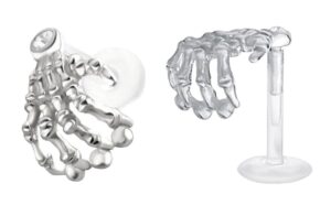 clear cz skeleton hand cuff flex flexible bioplastic labret monroe lip tragus piercing bar body jewelry ring 14g, 14 gauge