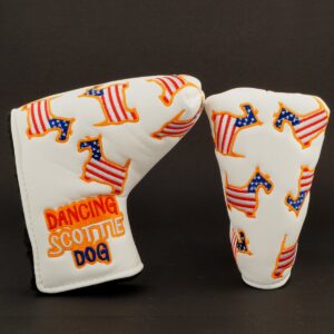 us flag dancing scottie dog headcover for blade and midsize mallet putter, white, golf head cover