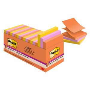 post-it super sticky pop-up notes, 3x3 in, 18 pads, 2x the sticking power, energy boost collection, bright colors, recyclable (r330-18ssaucp)