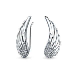 trendy crawler spiritual feather guardian angel wing ear pin climbers earrings for women cubic zirconia pave cz .925 sterling silver