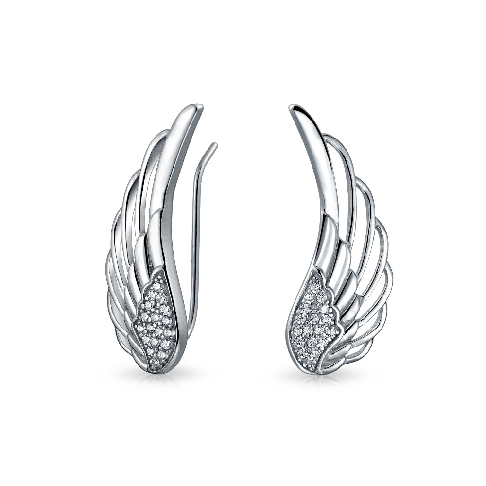 Trendy Crawler Spiritual Feather Guardian Angel Wing Ear Pin Climbers Earrings For Women Cubic Zirconia Pave CZ .925 Sterling Silver