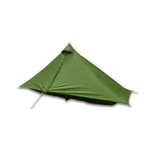 six moon designs lunar solo green 1 person ultralight tent. 26 oz. backpacking tent. 100% silicone coated polyester material for reduced fabric stretch & volume. trekking pole setup.