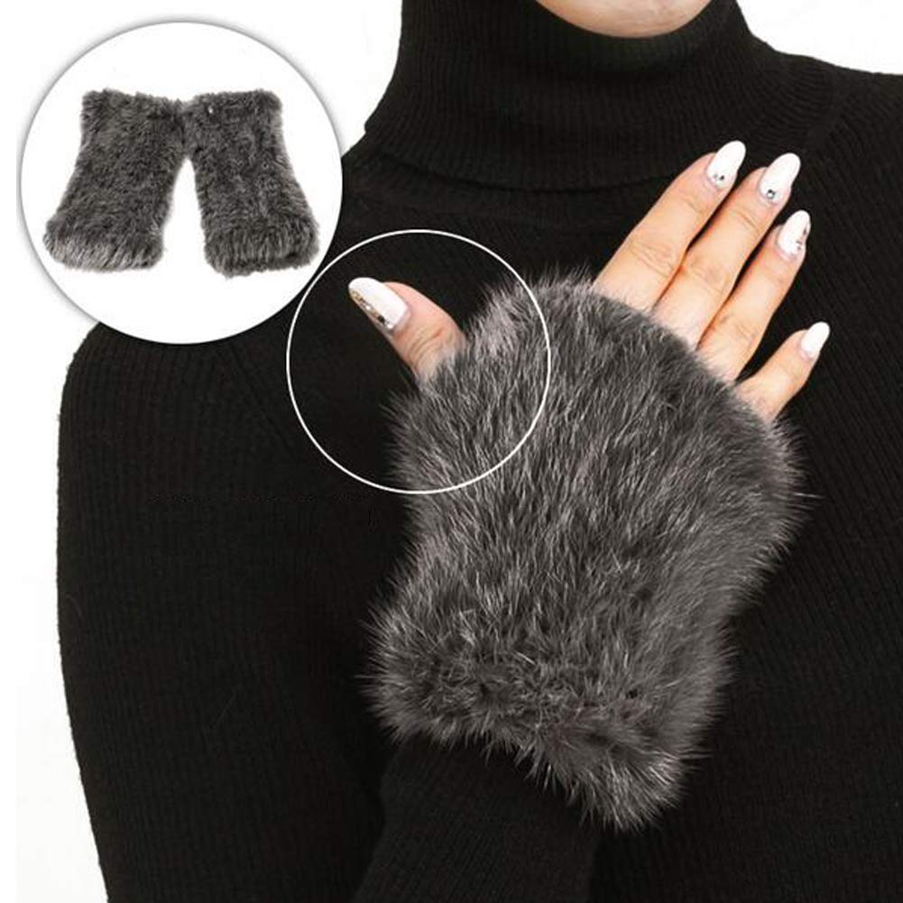 Valpeak 8'' Womens Winter Mittens Knitted Mink Fur Fingerless Gloves (Black)