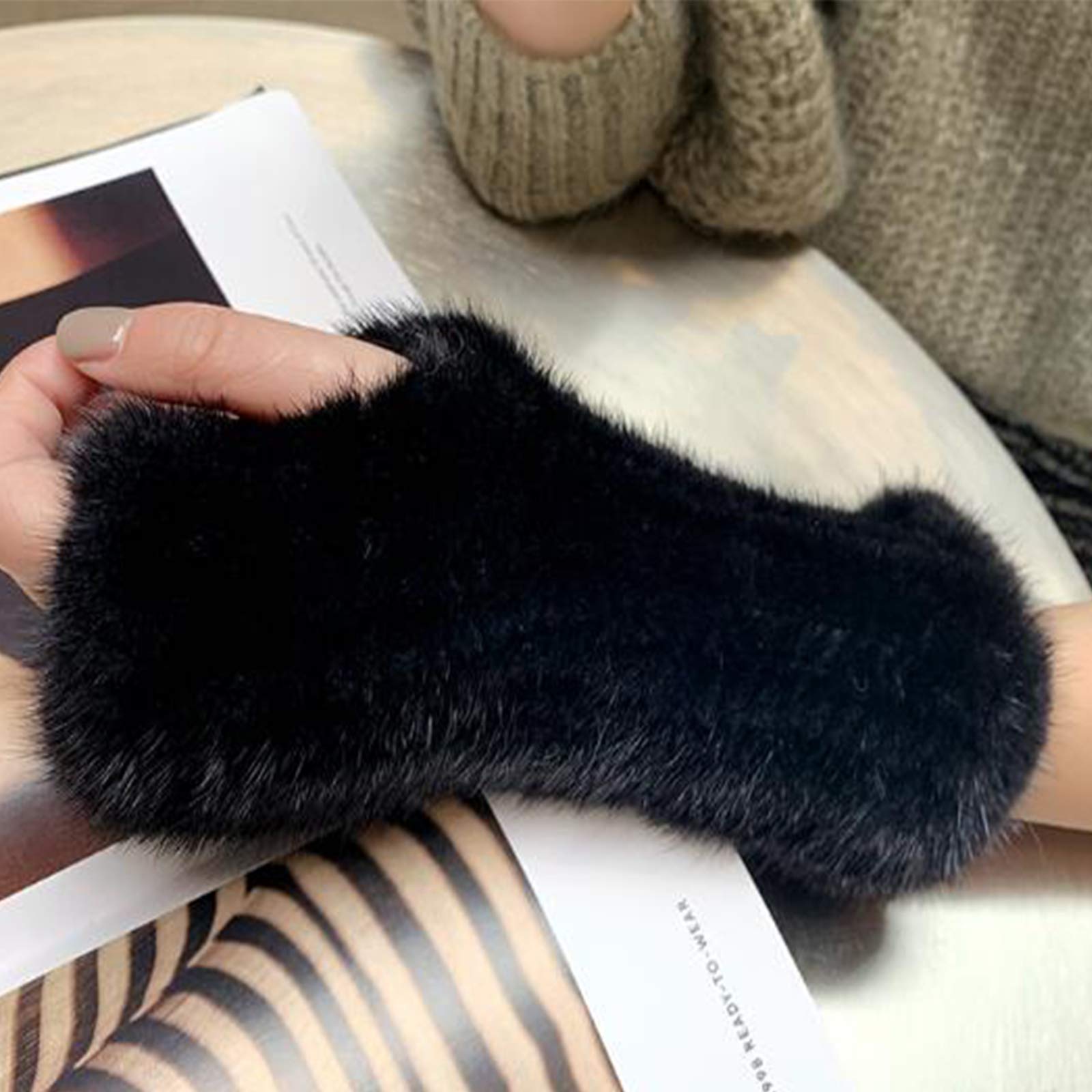 Valpeak 8'' Womens Winter Mittens Knitted Mink Fur Fingerless Gloves (Black)