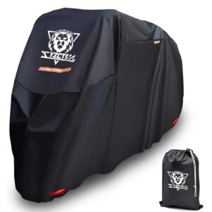 xyzctem motorcycle cover -waterproof outdoor storage bag,made of heavy duty material, fits up to 116" harley davison and all motors(black& lockholes& professional windproof strap) (xxxl)