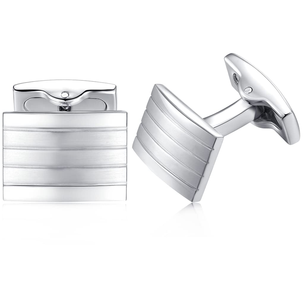 HONEY BEAR Rectangle Stripe Cufflinks for Mens Steel Wedding Gift Silver