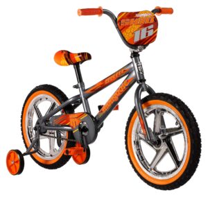 mongoose skid boy's freestyle bmx bike with training wheels, 16-inch wheels, grey