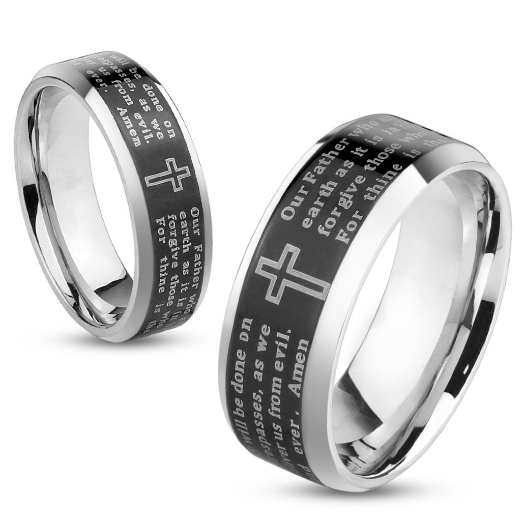 Lord's Prayer Black Beveled Edge IP Stainless Steel Ring with Cross (10)