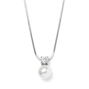 mariell white pearl bridal, bridesmaid necklace with cubic zirconia crystal, pearl wedding jewelry, perfect for mother of the bride, birthday gift, everyday wear