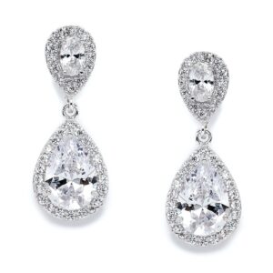 mariell clip-on cubic zirconia crystal teardrop dangle bridal and wedding earrings, non-pierced earring style, cz jewelry for brides, bridesmaids, homecoming, prom and everyday wear