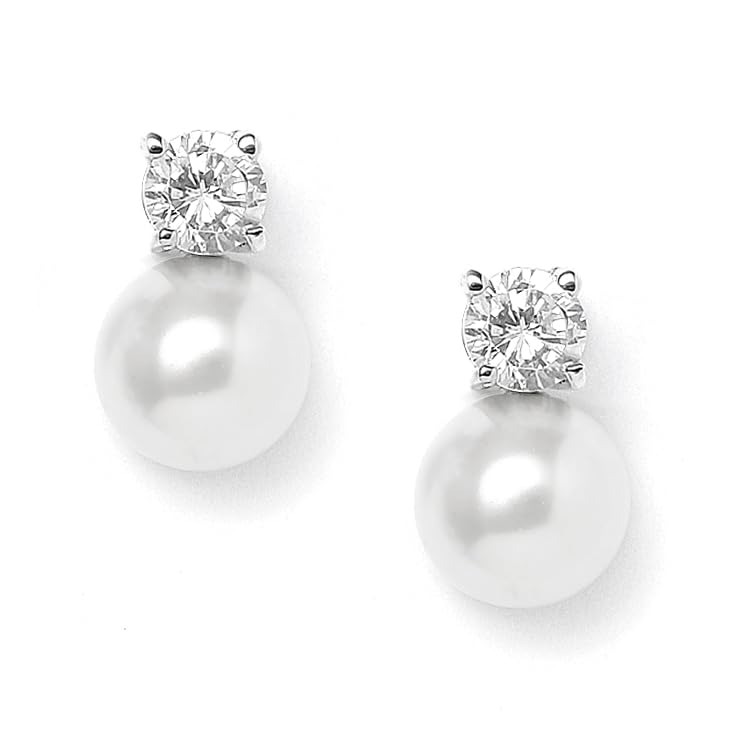 Mariell White Pearl Bridal Earrings with Cubic Zirconia Crystal Top, 9mm White Pearl Stud Earring, Perfect for Brides, Bridesmaids, Wedding Party and Everyday Wear