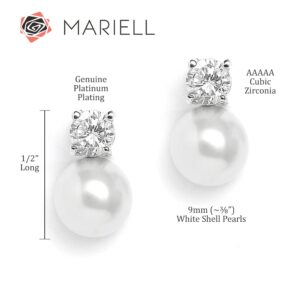 Mariell White Pearl Bridal Earrings with Cubic Zirconia Crystal Top, 9mm White Pearl Stud Earring, Perfect for Brides, Bridesmaids, Wedding Party and Everyday Wear