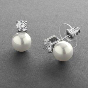 Mariell White Pearl Bridal Earrings with Cubic Zirconia Crystal Top, 9mm White Pearl Stud Earring, Perfect for Brides, Bridesmaids, Wedding Party and Everyday Wear