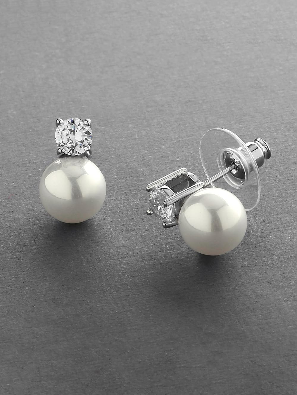 Mariell White Pearl Bridal Earrings with Cubic Zirconia Crystal Top, 9mm White Pearl Stud Earring, Perfect for Brides, Bridesmaids, Wedding Party and Everyday Wear