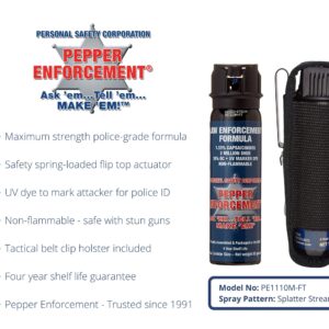 Pepper Enforcement PE1110M-FT Splatter Stream Pepper Spray with Metal Belt Clip Holster for Self Defense - Maximum Strength 10% OC Formula - Emergency Personal Safety & Protection