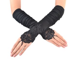 jisen women 20s satin gloves formal bridal banquet party wedding opera colorful mitten fingerless 15 inch black