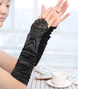 JISEN Women 20s Satin gloves Formal Bridal Banquet Party Wedding Opera Colorful Mitten Fingerless 15 Inch Black