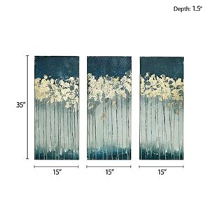 Madison Park Wall Art Living Room Decor - Embelished Gold Foil Triptych Canvas Home Accent Dining, Bathroom Decoration, Ready to Hang Painting for Bedroom, 15" x 35", Midnight Forest Blue 3 Piece