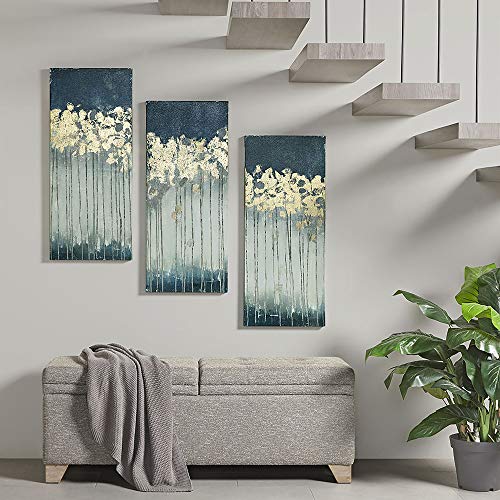 Madison Park Wall Art Living Room Decor - Embelished Gold Foil Triptych Canvas Home Accent Dining, Bathroom Decoration, Ready to Hang Painting for Bedroom, 15" x 35", Midnight Forest Blue 3 Piece