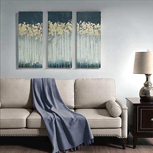 Madison Park Wall Art Living Room Decor - Embelished Gold Foil Triptych Canvas Home Accent Dining, Bathroom Decoration, Ready to Hang Painting for Bedroom, 15" x 35", Midnight Forest Blue 3 Piece