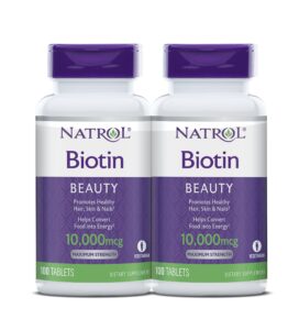 natrol biotin beauty tablets promotes healthy hair skin and nails helps support energy metabolism helps convert food into energy maximum strength 10000mcg, multi, 200 count